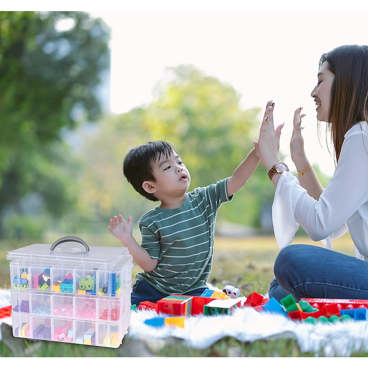 Anstore Storage Box with Compartments, Reinforced 3-Tier Clear Plastic Craft Storage Box with Lids, Practical Sorting Box for Crafts, Jewelry, Toy building blocks(Medium)