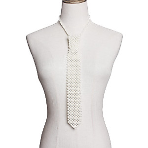 mollensiuer 1 Piece White Artificial Pearls Neck Tie Handmade Weaving Ladies Shirt Necklace Neck Tie Beaded Tie Necklace for Women