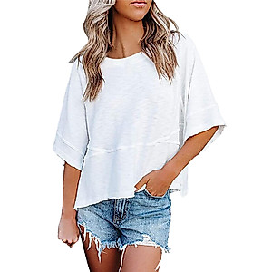 Aisongyuan Womens Fashion T-Shirt Crewneck 3/4 Sleeves Solid Color Loose Basic Tops Summer Casual Tees Blouses(White,XXL)