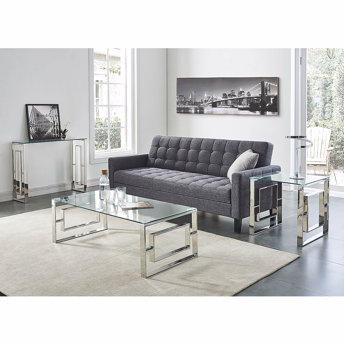 Whi Contemporary Console, Sofa, Glass and Chrome TABLE, SILVER
