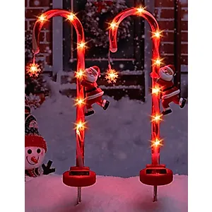 Solar Christmas Candy Cane Lights Garden Decorations, ZIVASA Solar Powered Xmas Pathway Markers Lights Outdoor Waterproof, Outside Decor Stake with Snow Flower & Santa for Yard Patio Landscape 2PACK