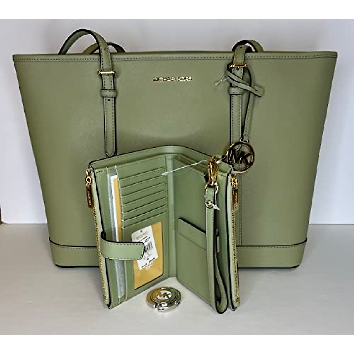 Michael Kors Jet Set Travel Large TZ Shoulder Tote bundled with Double Zip Wristlet and Purse Hook (Light Sage/MK)