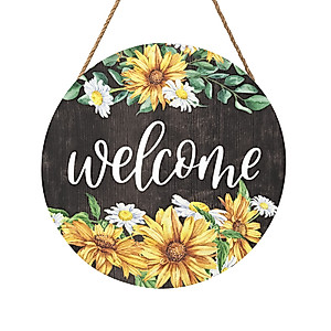 Sunflower Welcome Sign Front Door Decor, Sunflower Round Wood Hanging Flower Welcome Sign for Farmhouse Porch，Sunflower Kitchen Decor Summer Farmhouse Indoor Outdoor Home Decor Wall Art 12 Inch