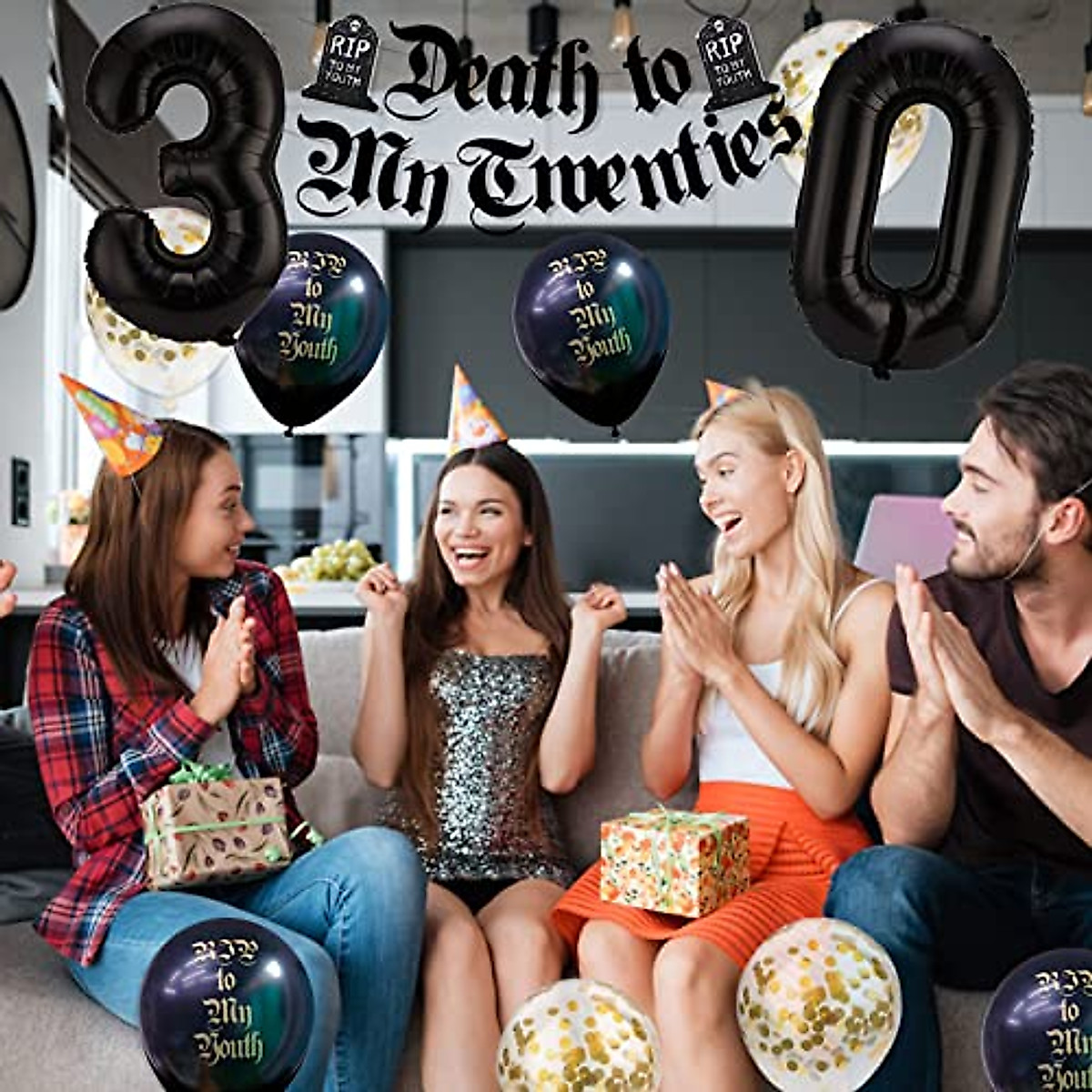 Death To My 20s Decorations,Rip To My 20s 30th Birthday Decorations for Women Him with 30 Number Balloons,Death to My Twenties Banner,Black and Gold Foil Balloons