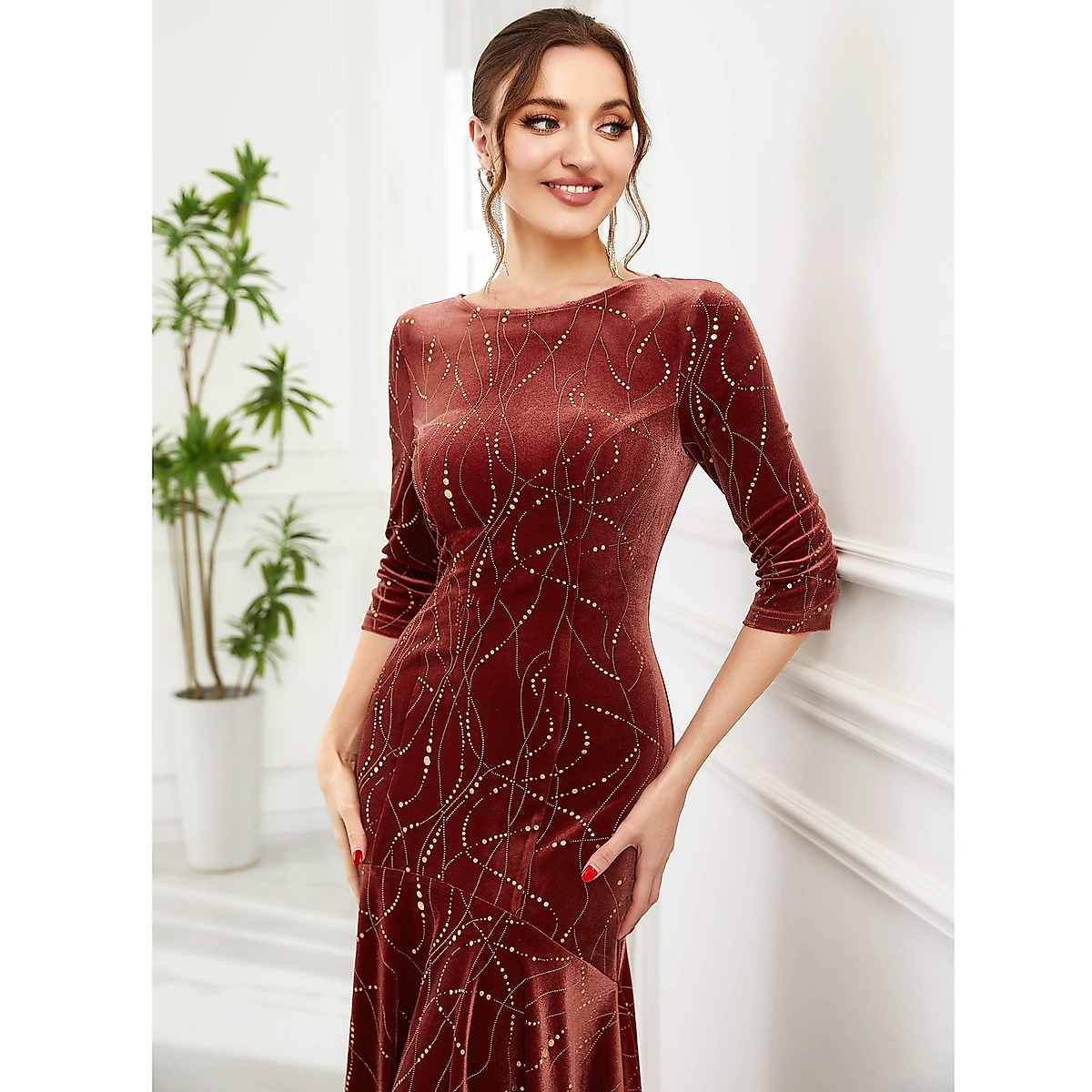 Ever-Pretty Women's Plus Size Velvet High-Low Wedding Mermaid Maxi Formal Dress Gala Dresses Maroon US16