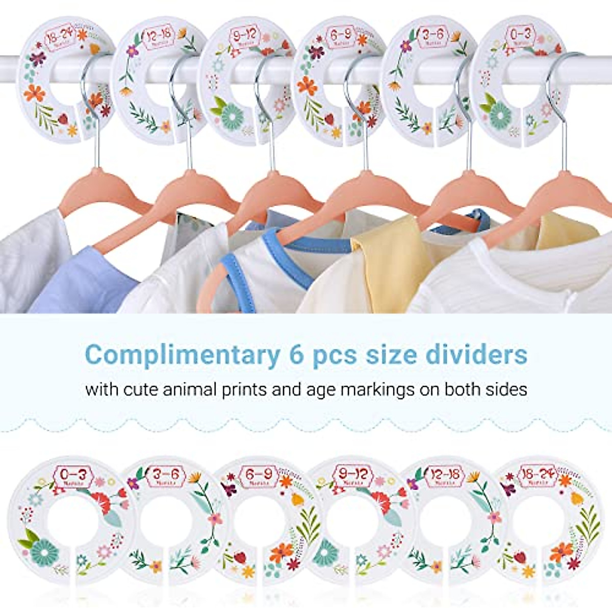 TARANCH Velvet Baby Hangers for Closet, Wrinkle Free & Non Slip Baby Clothes Hangers for Kids Toddler Infants - Pink Kid Hangers with 6 Dividers - Slim Children Hangers Space Saving, 30 Pack