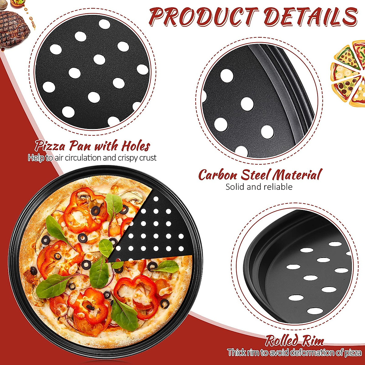 8 Pieces Pizza Pan With Holes 12 Inch Round Pizza Pan Carbon Steel Perforated Non-Stick Tray Tool Pizza Storage Container Nonstick Baking Supplies Home Restaurant Kitchen Steel Crisper Pizza Pan Set