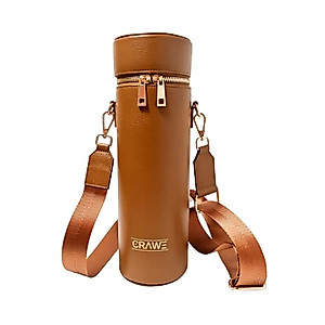 Crawe Full Grain Leather Insulated Water Bottle Crossbody Bag, 17 oz Water Bottle Holder with Strap for Walking, Bottle Carrier, Bottle Sling, Single Wine Bottle Tote, Brown Pebbled Leather, Gift Box