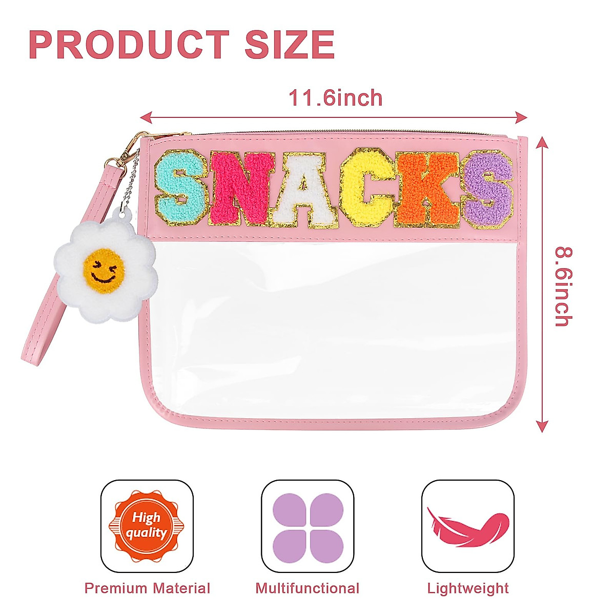 EYEDESL Chenille Letter Bags,Clear Snack Bag Pouch with Chenille Daisy Charm for Women Girls