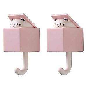 SEIWEI 2Pcs Creative Adhesive Coat Cat Hook, Cute Cat Key Holder for Wall, Plastic Home Storage Utility Wall Decorations Hanger Pet Hooks for Hanging Hat Key Towel Scarf Bags, Punch Free - Pink