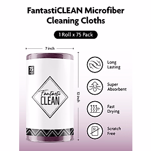 Fantasticlean Microfiber Cleaning Cloth Roll -75 Pack, Tear Away Microfiber Towels, 12" x 12", Reusable, Washable, Scratch Free, Ultra Absorbent Dish Rags for Car, Home, Garage or Shop (Dark Purple)
