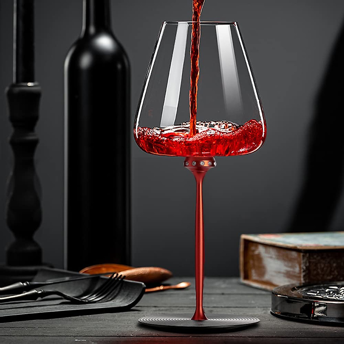 SIYOUKI Shakeable Dancing Wine Glasses crystal Red wine glass,17 Ounce, Hand Blown Italian Style Crystal Burgundy wine glass, Gift-Box for any Occasion (Red)