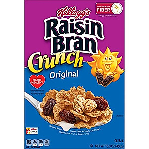 Kellogg's Raisin Bran Crunch Cold Breakfast Cereal, Fiber Cereal, Heart Healthy, Original, 15.9oz Box (1 Box)