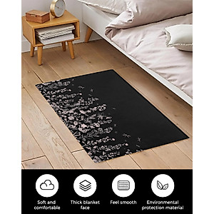 Black Flower Plush Rug Non Slip Bath Mat, Soft Shaggy Long Fur Fuzzy Bath Rugs 16" x 24" Vintage Floral Aesthetic Leaves Dragonfly Carpet Mat for Bathroom Shower Home