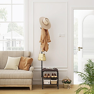 Gewudraw Coat Rack Stand Shoe Bench - 3 in 1 Coat Hall Tree with Shoe Storage With Benches Small Metal Shoes Shelf for Entryway Living Room Bedroom Hallway Mudroom