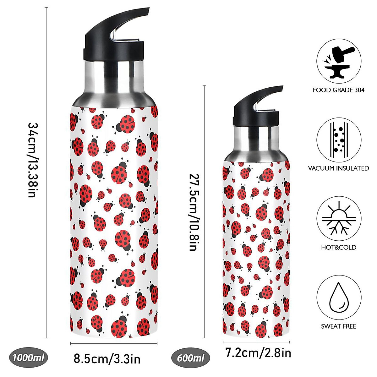 Ladybugs Pattern Insulated Water Bottle with Straw, Stainless Steel Sports Water Bottles, Double Wall Vacuum, Leakproof, BPA-Free 20 oz