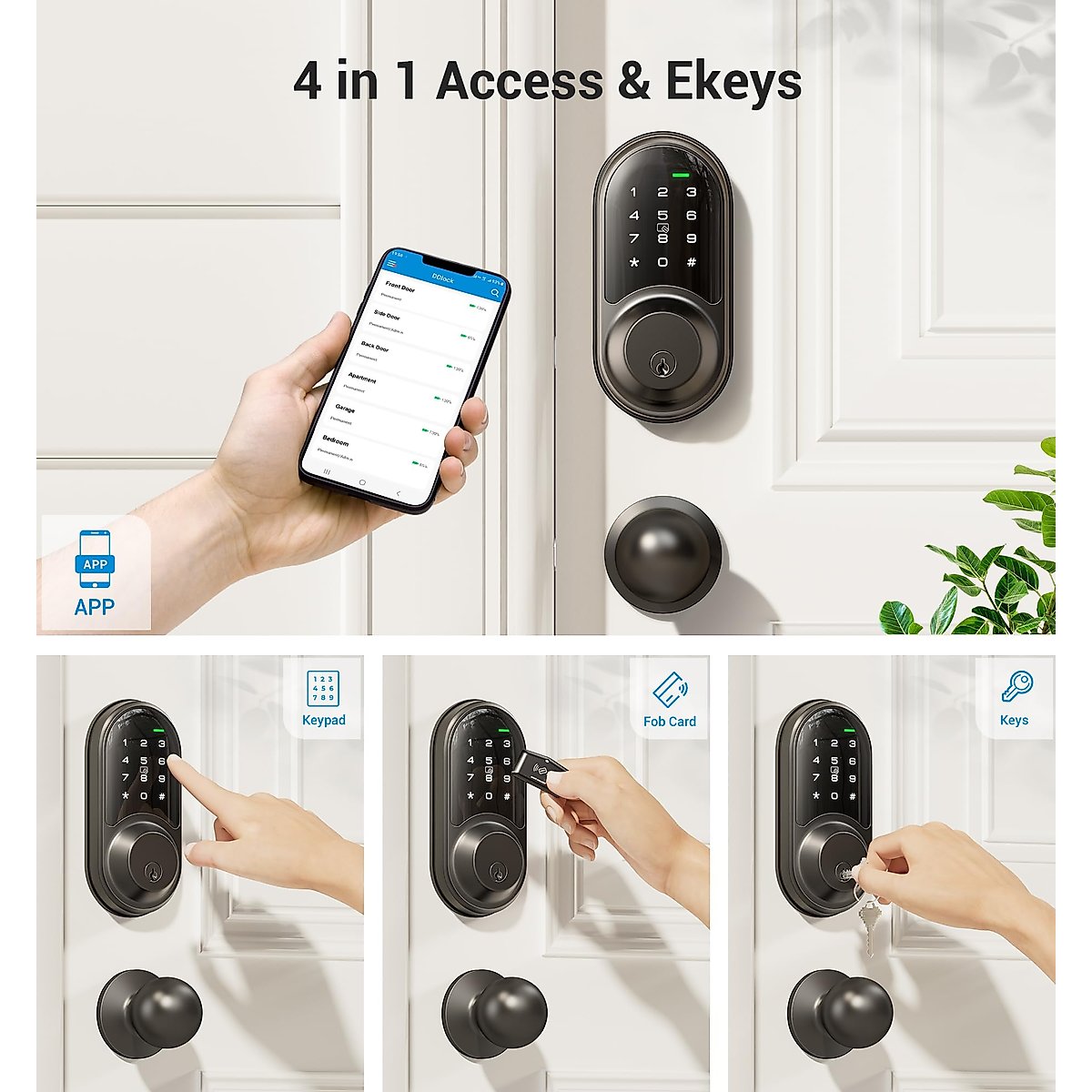 Veise Smart Locks for Front Door, 2 Knob Handle Set, Keyless Entry Deadbolt, App Control, Electronic Touchscreen Digital Keypad, Auto Lock, Easy Installation, IP54 Waterproof, Matte Black