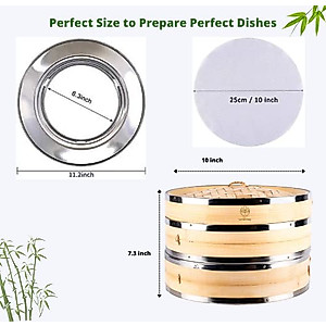 Bamboo Steamer Basket - 10 Inch 2 Tier Vegetable Steamer w/Stainless Steel Ring & 4 Silicone Liners, Dumpling Steamer for Steaming Food