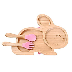 Rabbit Bamboo Suction Plate Bamboo Toddler Plates and Spoon Fork for Kids Self Feeding (pink)