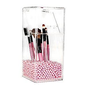 Jucoan Clear Acrylic Makeup Brush Holder with Lid, Pink Pearls, Cosmetic Makeup Brushes Holder with Cover, Brush Storage Organizer Case for Bathroom, Bedroom, Vanity, Countertop