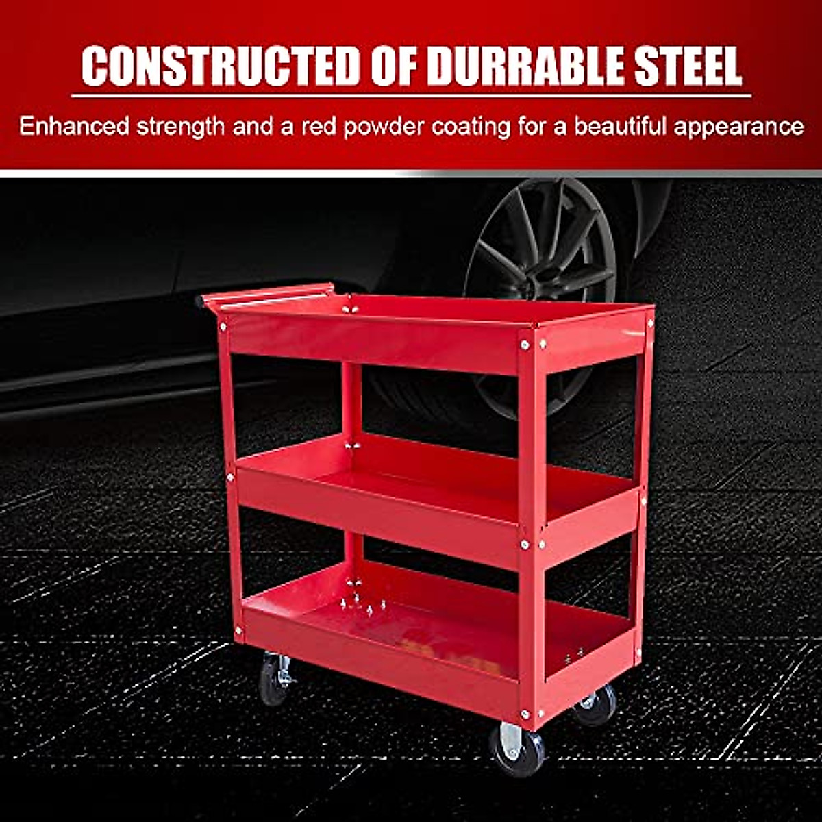 HPDMC 400 LBs Capacity 3 Shelf Steel Service Utility Cart/Steel Tool Service Push Cart, Red