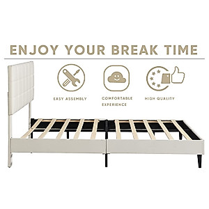 MWrouqfur Full Size Platform Bed Frame with Fabric Upholstered Headboard and Wooden Slats, No Box Spring Needed/Easy Assembly, Beige