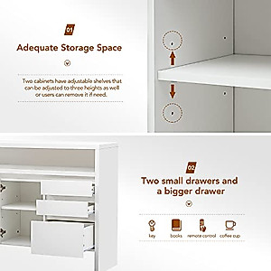 VZADGWA Modern Sideboard Buffet Storage Cabinet with Drawers & Adjustable Shelves, Free Standing Cabinet Kitchen Console Table for Dining Living Room, Entryway, MDF, White