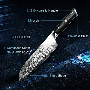 LEVINCHY Damascus Santoku Knife 7 inch Professional Japanese Damascus Stainless Steel with Black Premium G10 Handle, Superb Edge Retention, Stain & Corrosion Resistant Ergonomic