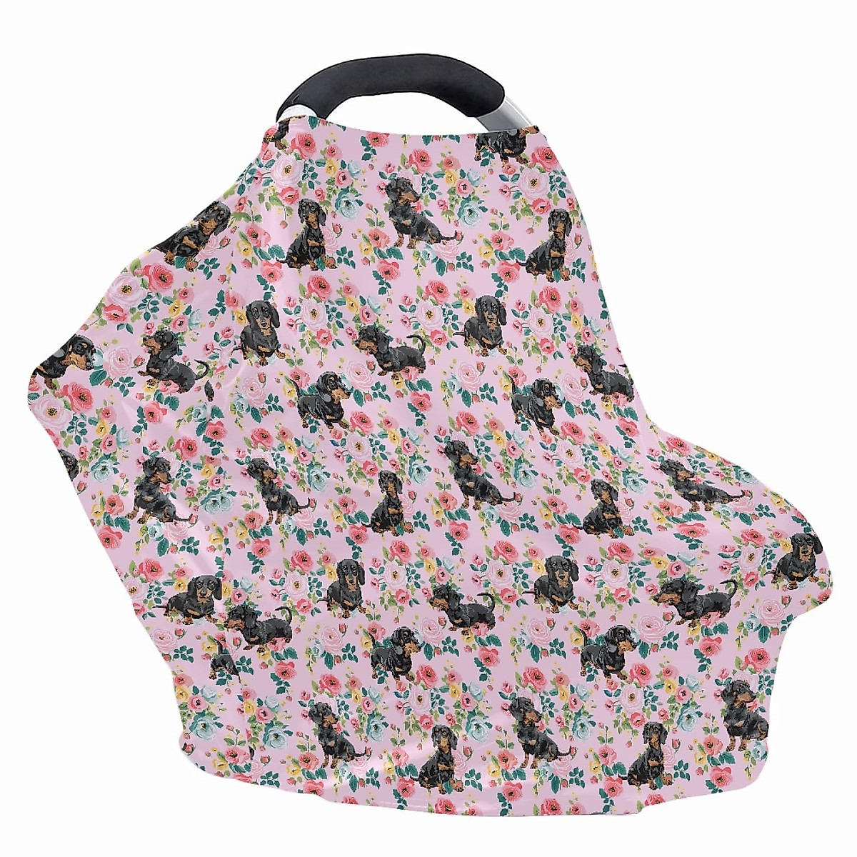 AFPANQZ Floral Dachshunds Baby Car Seat Cover Canopy and Nursing Cover Infant Car Canopy Spring Autumn Winter Snug Warm Breathable Windproof Open Peep Top Universal Fit Pink Flowers