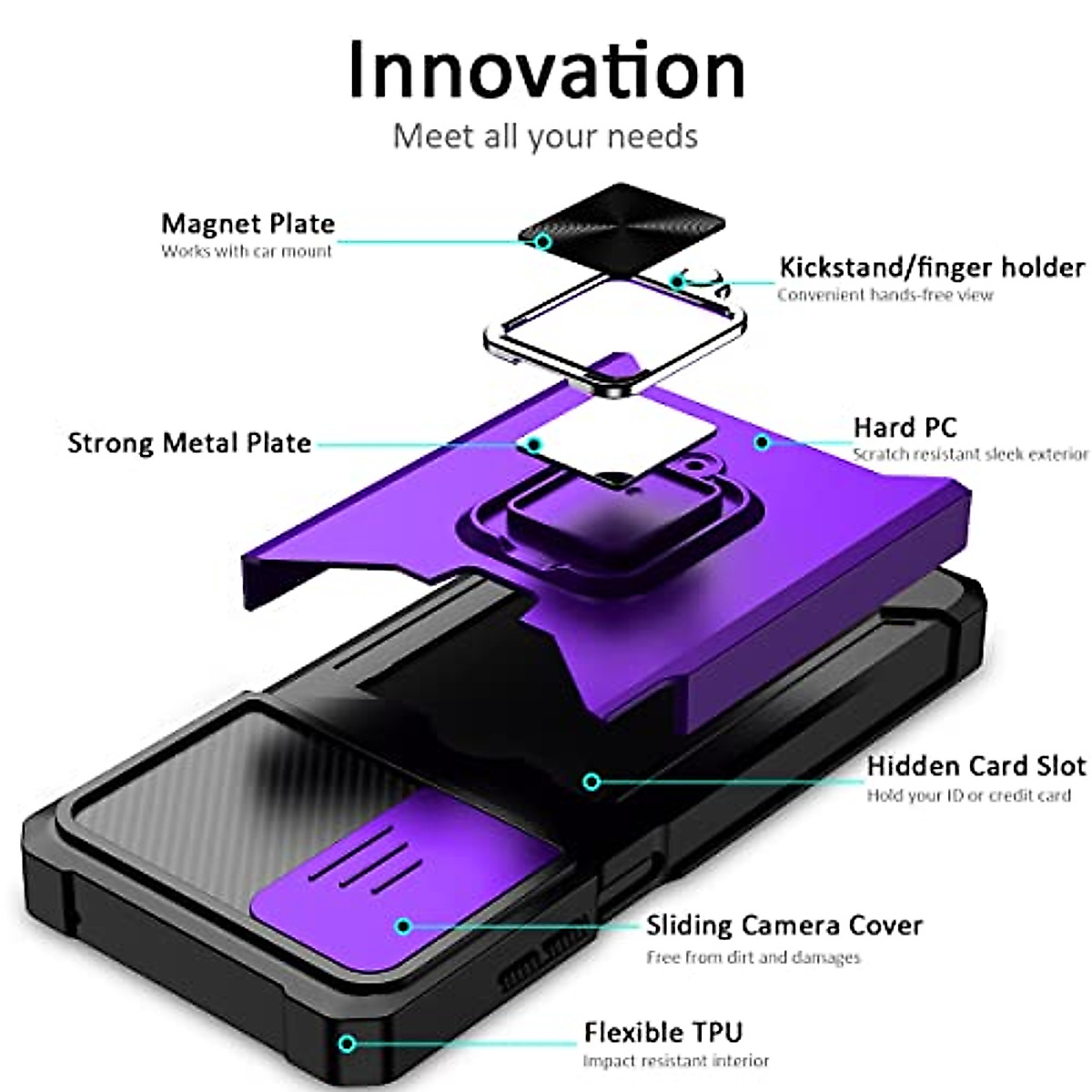 Nvollnoe for Moto G Stylus 5G 2022 Case with Sliding Camera Cover and Card Holder Heavy Duty Protective Magnetic Kickstand Ring Case for Moto G Stylus 5G(Purple)