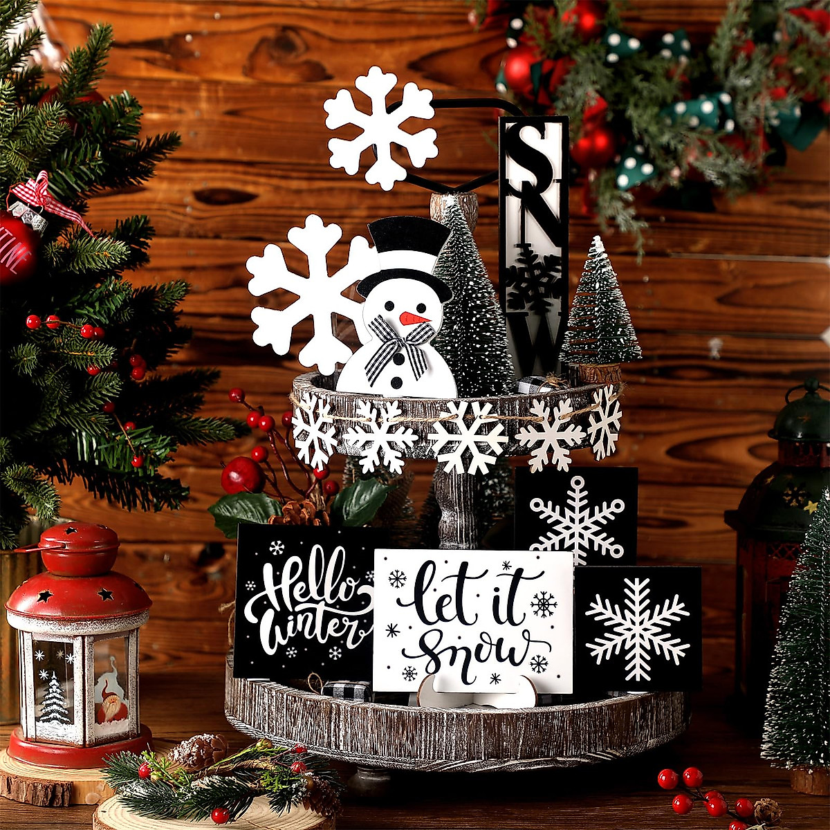 FairySandy 15 Pcs Winter Tiered Tray Decor Set Black and White Snowflake Table Wood Decoration Snowman Wooden Sign Rustic Farmhouse Coffee Bar Signs Winter Tray Decor for Home Xmas Holiday Tabletop
