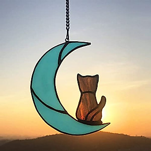 Lcensp Grey Tabby Cat Decor on Blue Moon Stained Glass Window Hangings Cat Memorial Gifts for Cat Lovers, Cat Suncatcher Pet Ornament (Grey Cat on Blue Moon)