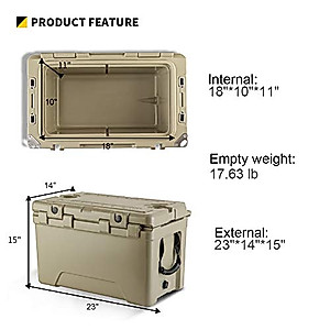 EchoSmile 35 Quart Rotomolded Cooler, 5 Days Protale Ice Cooler, Tan Ice Chest with Built-in Bottle Openers, Cup Holders, and Fish Ruler, Suit for BBQ, Camping, Pincnic, and Other Outdoor Activities