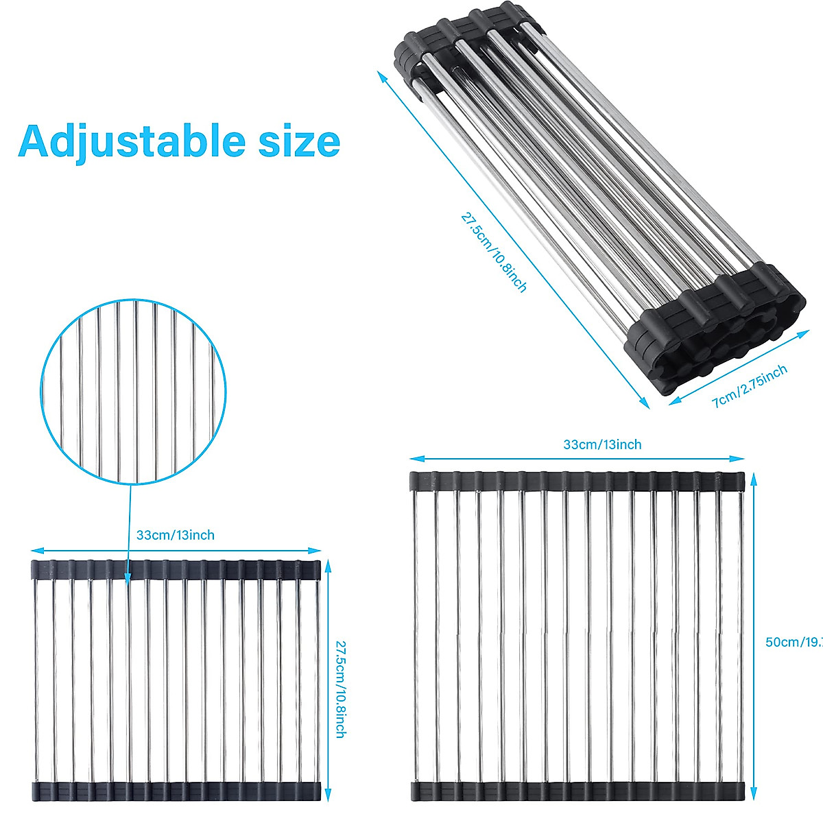 OHOH Expandable Roll Up Dish Drying Rack Fit Most Sink, Adjustable 10.8" -19.7", Sink Topper Foldable Multipurpose Heat Resistant Over The Sink Kitchen Draining Rack for Cups Bottle Fruits Vegetables