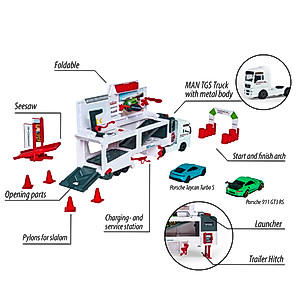 Majorette- Camión Porsche Experience 27cm, Incluye 2 Coches de Metal de 7,5cm, Partes Desplegables y Numerosos Accesorios, Adecuado A Partir de 3 Años, Color (212053304)