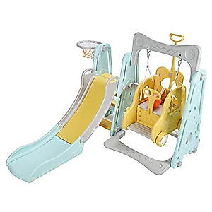 Kids Slide and Swing Set, Toddler Climber Slide Playset Baby Swing Playground with Basketball Hoop for Indoor Outdoor Backyard (Type 1)