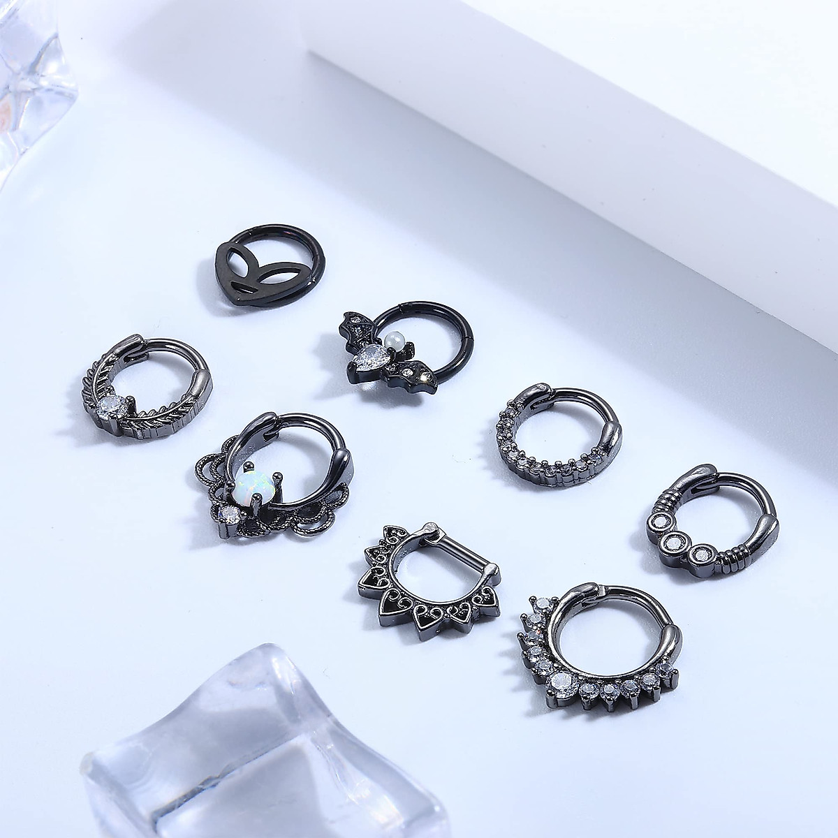 Drperfect 8MM Septum Rings 16G Daith Earrings Piercing Jewelry Surgical Stainless Steel CZ Opal Septum Clicker Rings Alien Bat Septum Hinged Segment Nose Rings Cartilage Helix Tragus Hoops