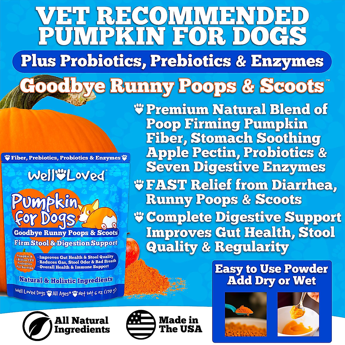 Well Loved Pumpkin for Dogs - Pumpkin Puree, Canned Pumpkin (Alternative), Fiber for Dogs, Probiotic Powder, Pumpkin Powder, Dog Diarrhea, Digestive Support, Perfect for Firm Poops and No Scoots, 6 oz
