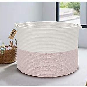 COMFY-HOMI New Extra Large Blanket Storage Basket 21''x21''x13.6''|Toy Organizers and Storage|Cotton Rope Woven Round Basket for Blanket|Baby Basket for Newborn-White/Pink