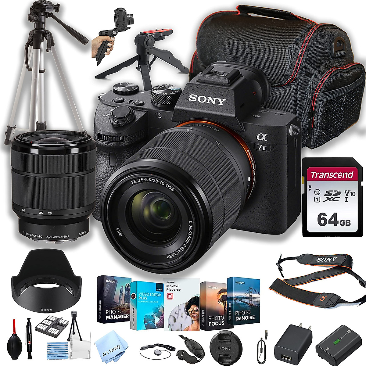Sony a7 III Mirrorless Digital Camera with 28-70mm Lens + 64GB Memory + Case+ Steady Grip Pod + Tripod+ Software Pack + More (30pc Bundle) (Renewed)