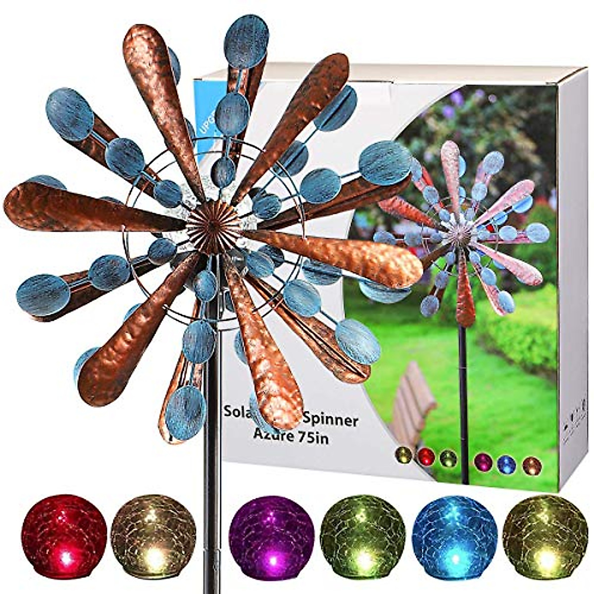 HDNICEZM Solar Wind Spinner New 75in Multi-Color Seasonal LED Lighting Solar Powered Glass Ball with Kinetic 360 Degrees Swivel Wind Spinner Dual Direction for Patio Lawn & Garden