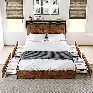 LUXOAK Full Size Bed Frame with 4 Storage Drawers, Wooden Platform Bed with 2-Tires Storage Headboard and Charging Station, No Box Spring Needed/Noise Free/Rustic Brown