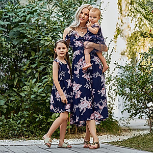 PopReal Mommy and Me Dresses Floral Print Cold Shoulder Ruffle Backless Strap Beach Midi Dress Summer