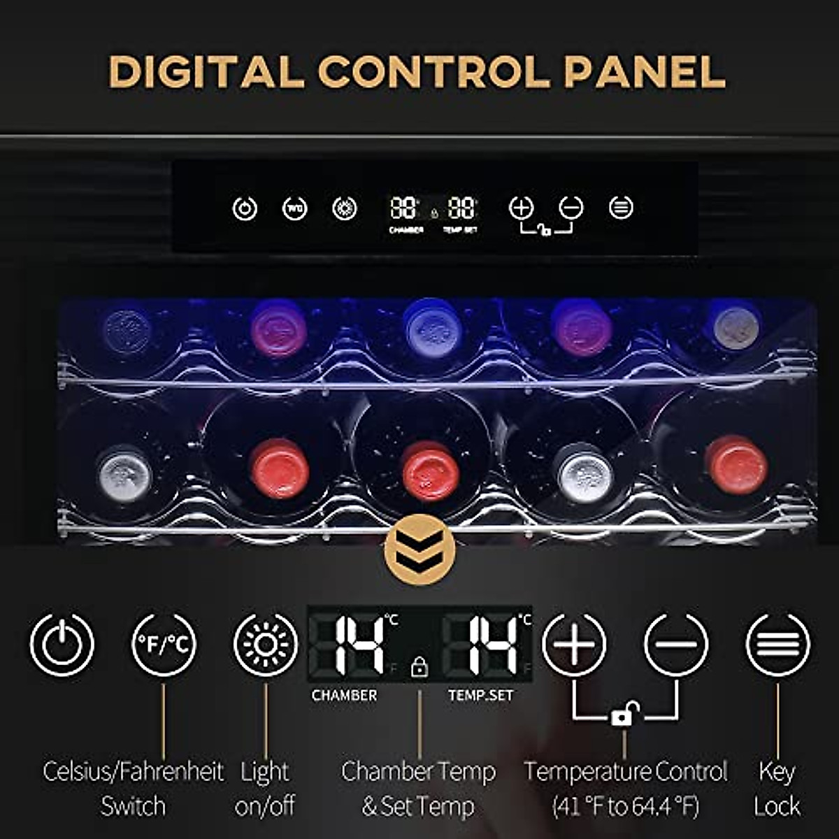 HOMCOM 18 Bottle Wine Cooler, Mini Beverage Fridge, Freestanding Wine Cellar with Digital Temperature Control, 3 Removable Shelves, Glass Door, Alarm Function and LED Lighting, Black