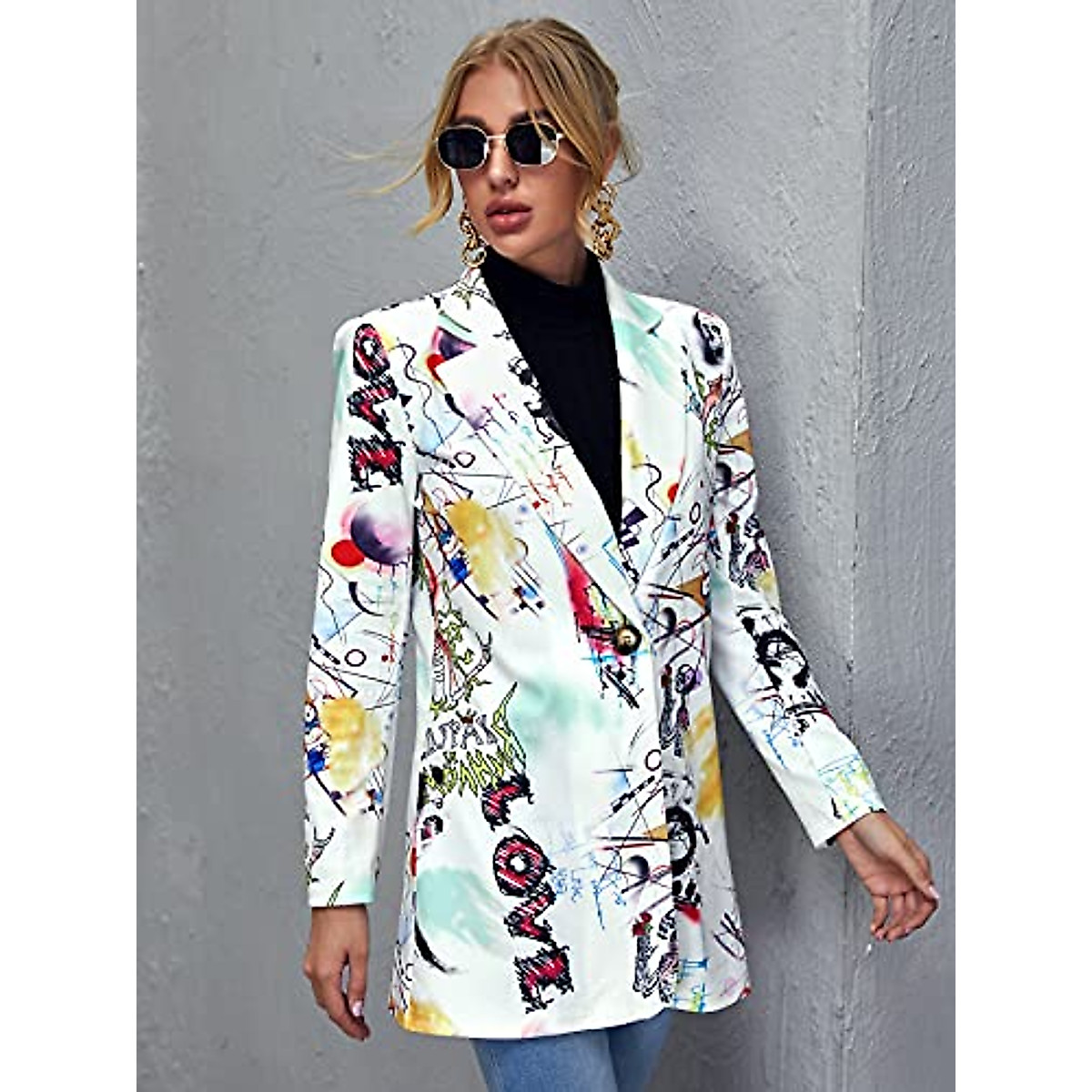 Floerns Women's Casual Long Sleeve Pop Art Colorful Blazer Graphic Work Suit Jacket Multi 1 L