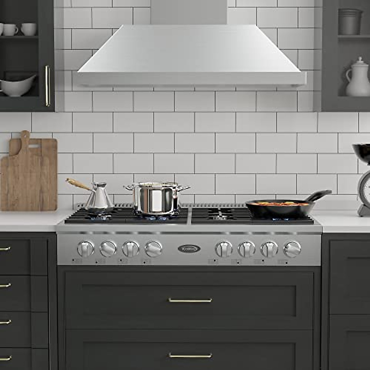 KoolMore KM-HGRT48-SS 48 Inch Natural Gas Range-Top with 8 Sealed Italian, Stainless-Steel Stovetop Knobs, Edge Cast Iron Cooking Grates, Electronic Ignition, 48" (8 Burners), Silver