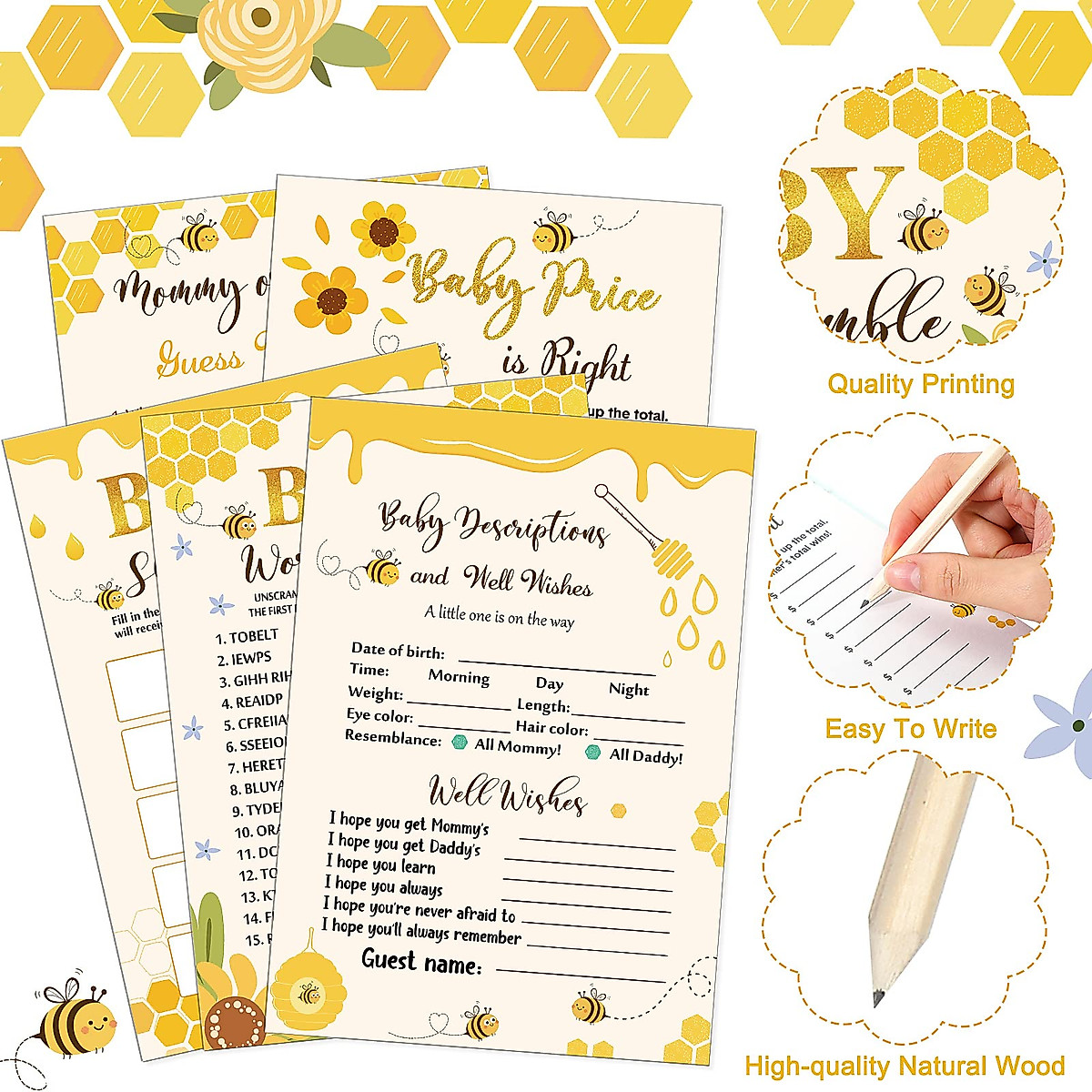 Roowest 145 Pcs Bee Baby Shower Games Gender Neutral Set Includes 125 Pcs 5 Kinds Party Games 20 Pcs Pencils for Honeycomb Bee Baby Shower Party Decorations Favors Gender Reveal Party Supplies