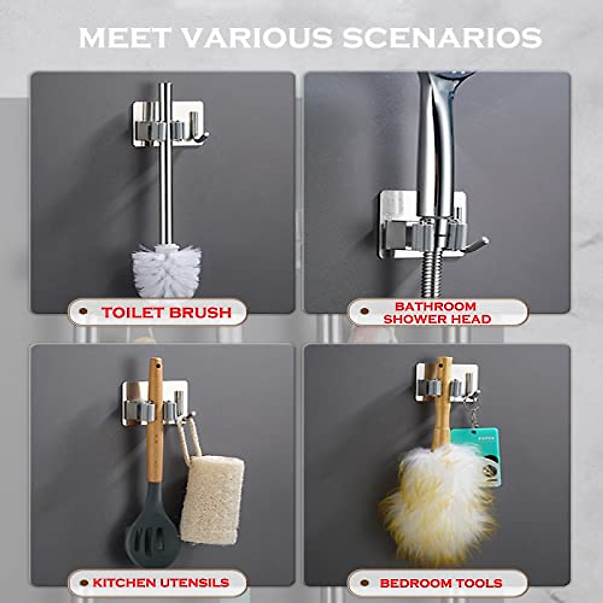 Mop and Broom Holder Organizer Hanger Garage Tool Shelving Organization and Storage Hooks Racks Wall Mount, 4 Pks Self Adhesive