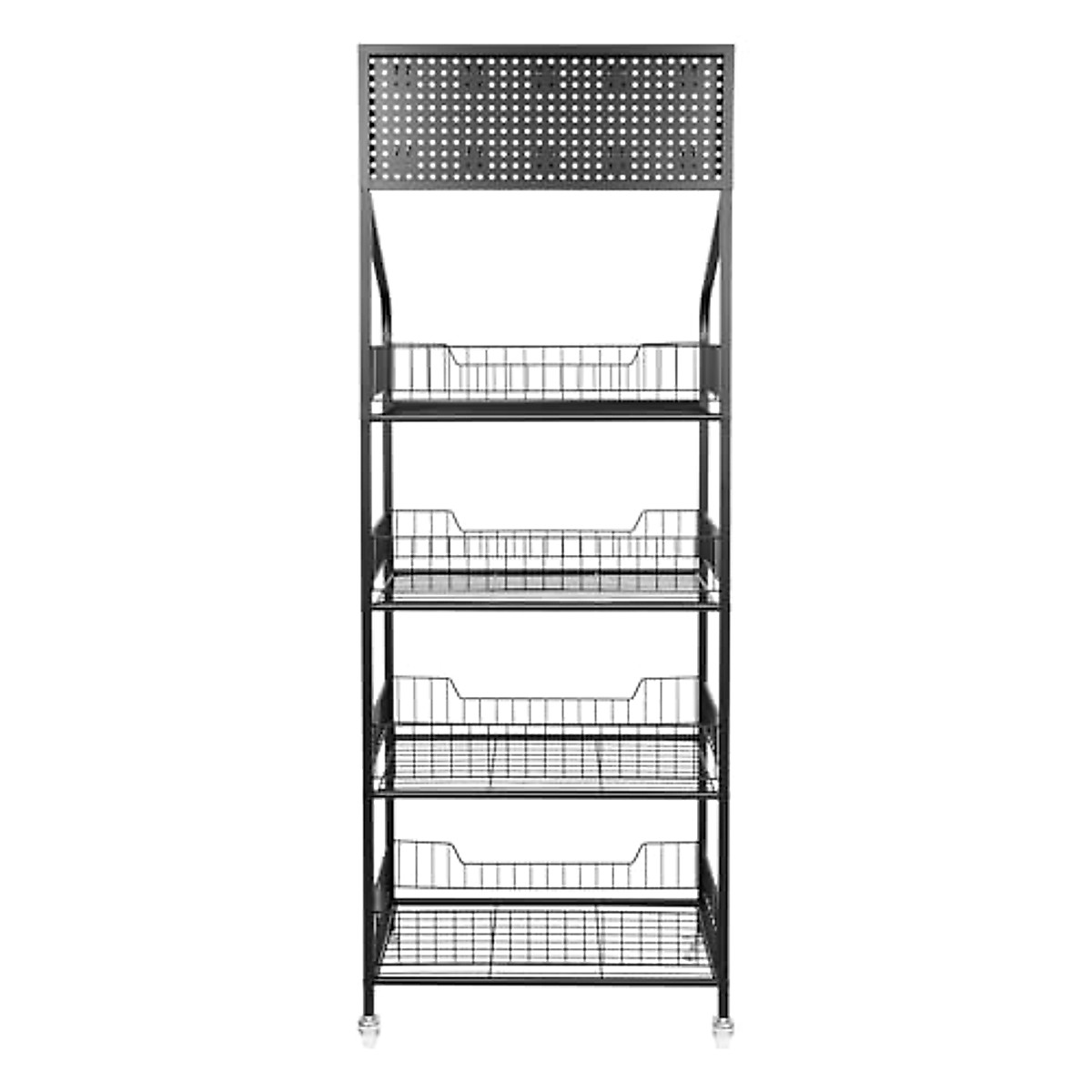 4-Tier Display Snack Rack,22.1lbs Load Metal Storage Shelf with Wheels & Hooks,10.2In Adjustable Tier Spacing Freestanding Snack Shelf Organizer for Pantry Kitchen Home Theater