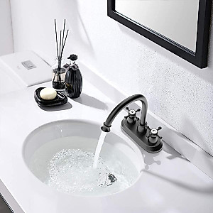 Bathroom Faucet 3 Hole, GOWIN Bathroom Faucet Matte Black,Bathroom Faucets for Sink 3 Hole,Bathroom Sink Faucet,4 Inch 2- Handle Sink Faucet with 360 Swivel Gooseneck,Drain Assembly